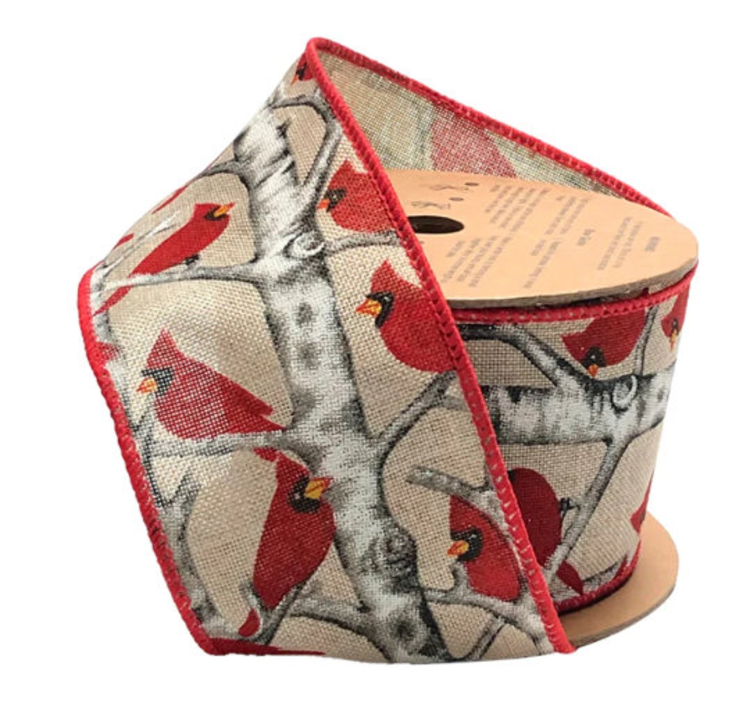 Designer White and Red Snowy Branch Cardinal Wired Edge Christmas ...