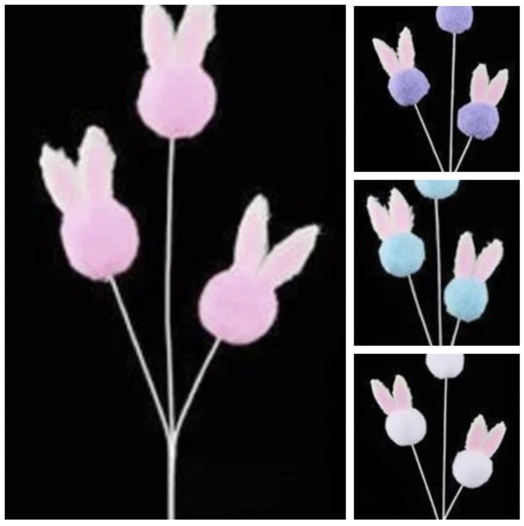 Pom Pom Bunny Rabbit Stem Picks Easter Decor Craft Accent for Wreath ...