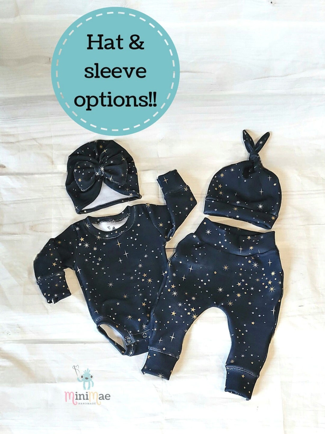 Handmade Celestial Baby Outfit: Black & Gold Stars, Cotton Blend - Etsy