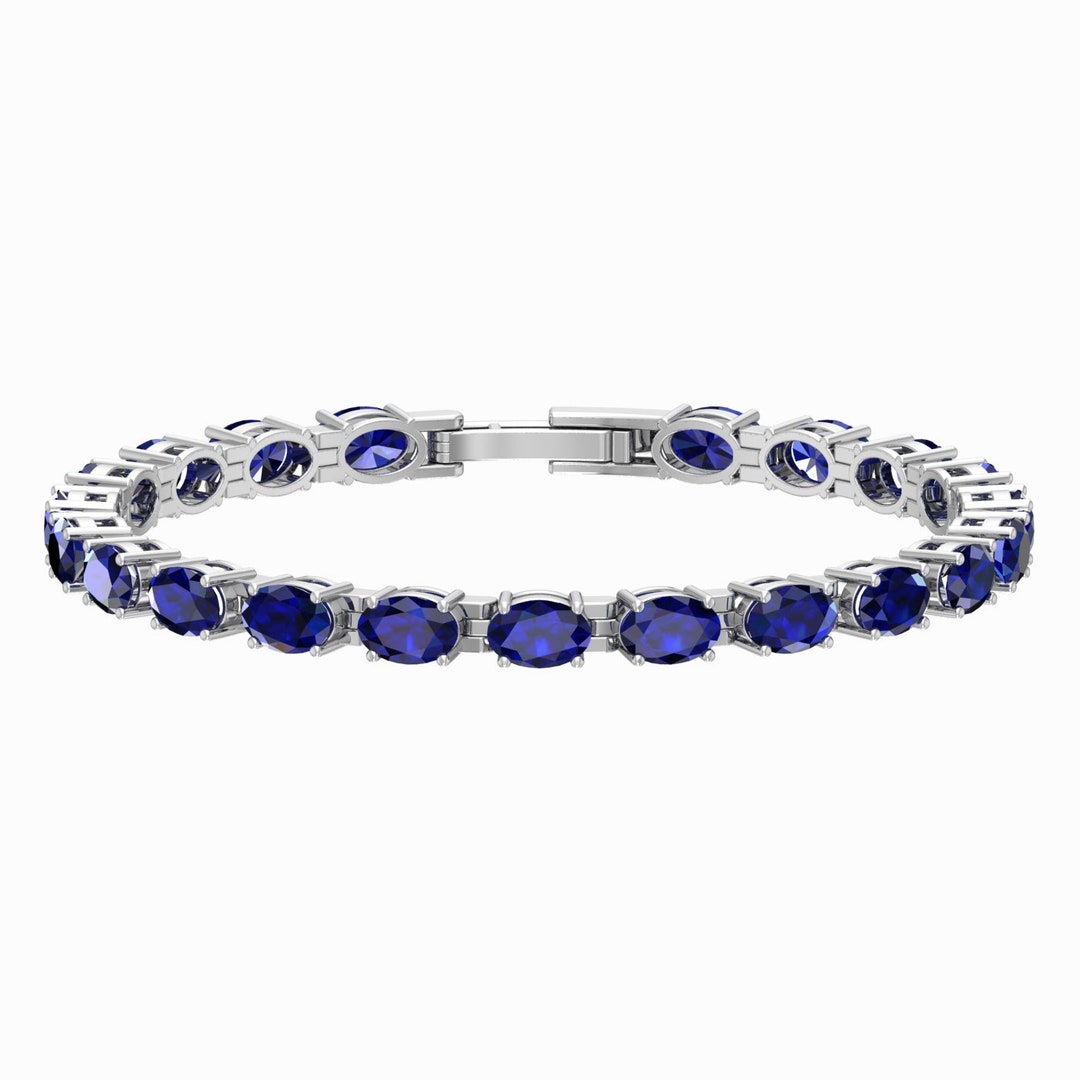 Sterling Silver 6x4mm Oval Cut 9 CTW Blue Sapphire Bracelet | Blue Sapphire Tennis Bracelet for ...