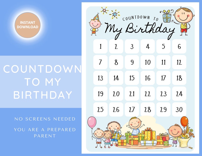 Countdown to My Birthday - Blue - Instant Digital Download -whimsical ...