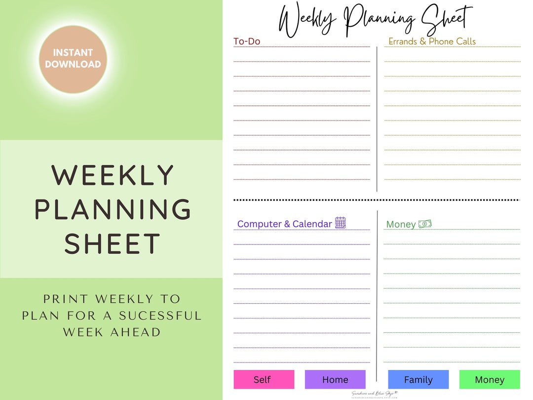 Weekly Planning Sheet Digital Download Tool for Intentional Living 8.5 ...