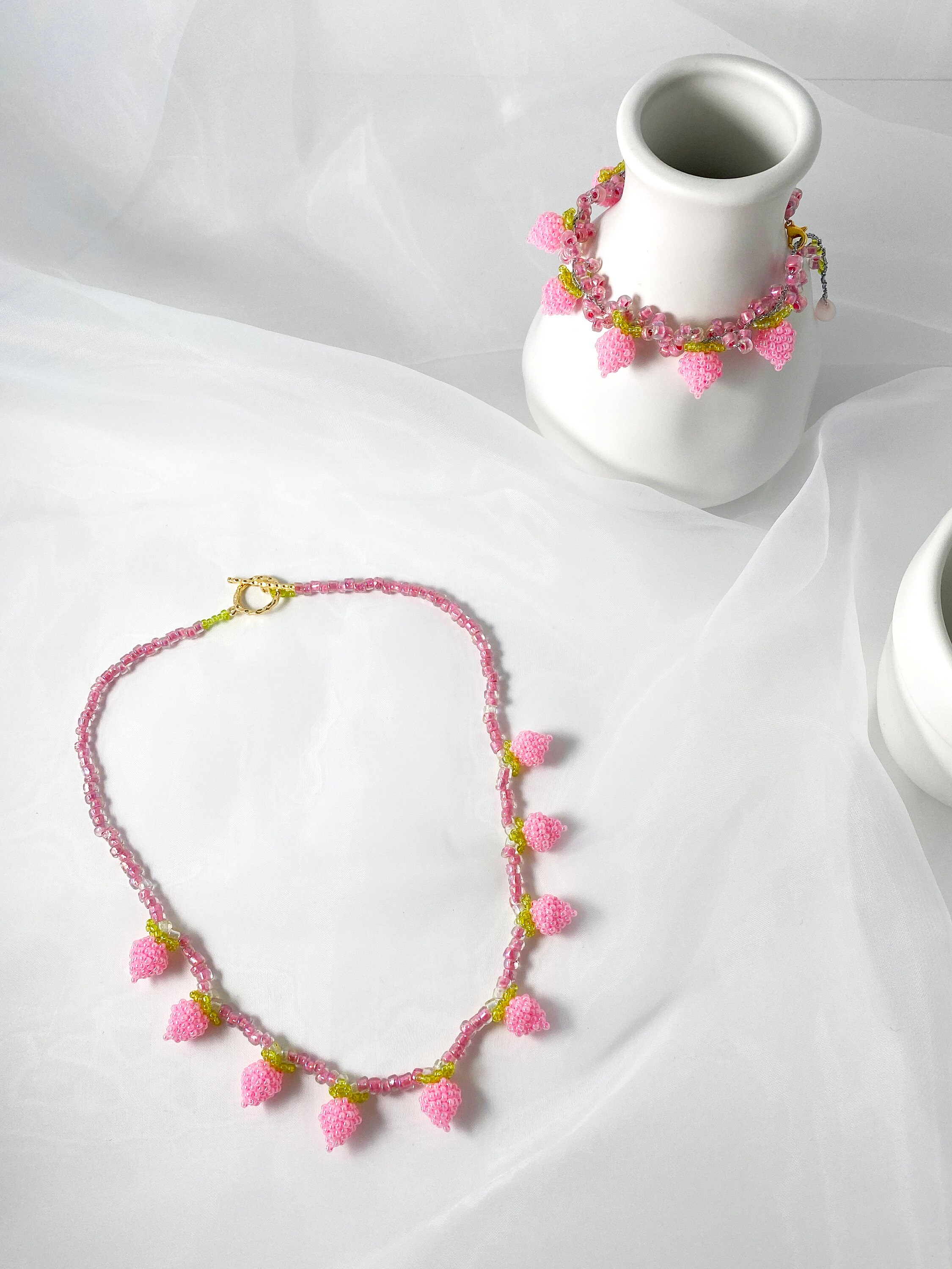 Handmade Beaded Pink Berry Bracelet & Necklace | Beaded Berry Jewelry ...