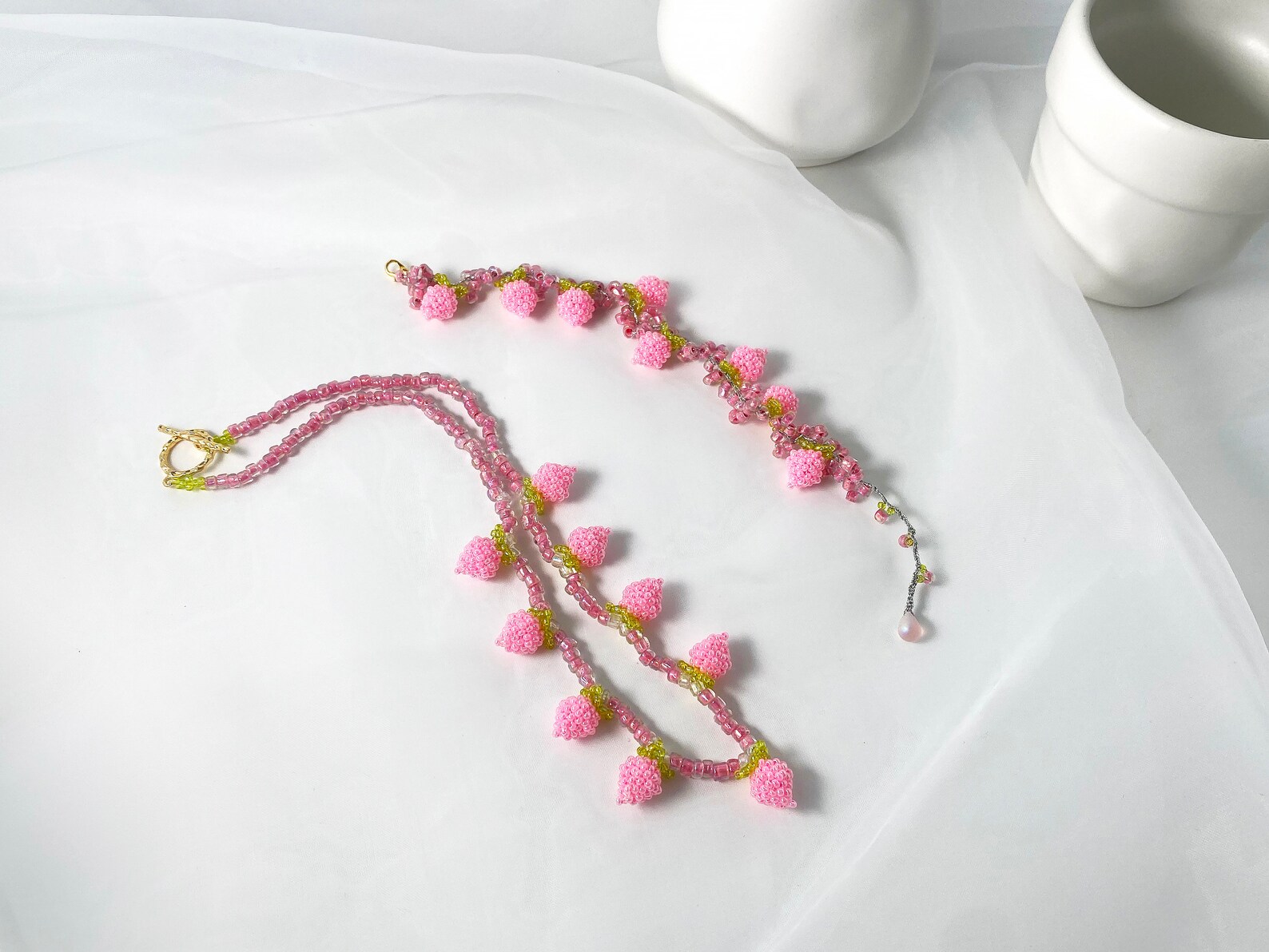 Handmade Beaded Pink Berry Bracelet & Necklace | Beaded Berry Jewelry ...