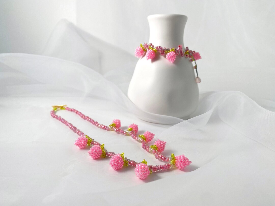 Handmade Beaded Pink Berry Bracelet & Necklace | Beaded Berry Jewelry ...