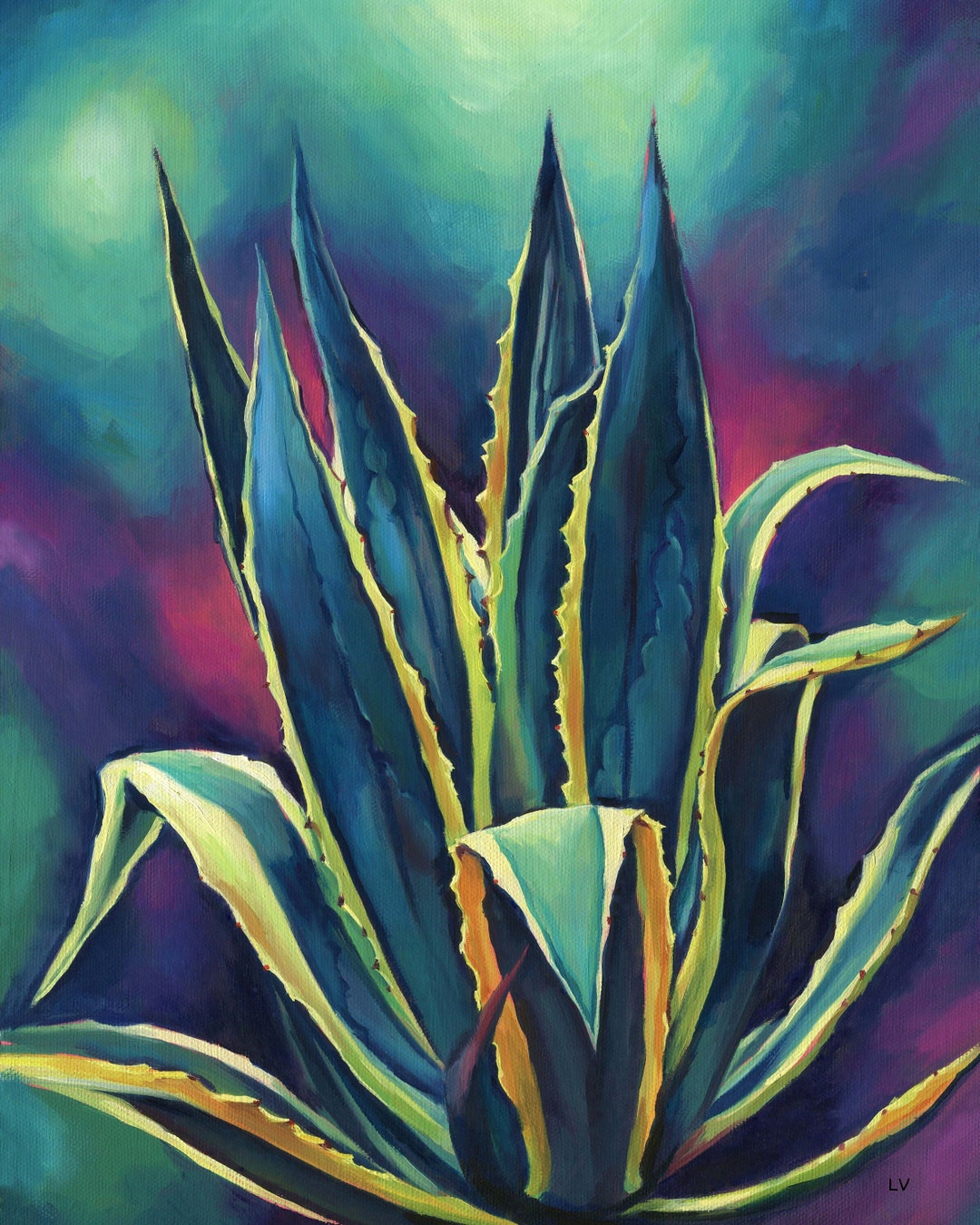 Variegated Agave Painting, ORIGINAL Cactus Wall Art, Framed Tropical ...