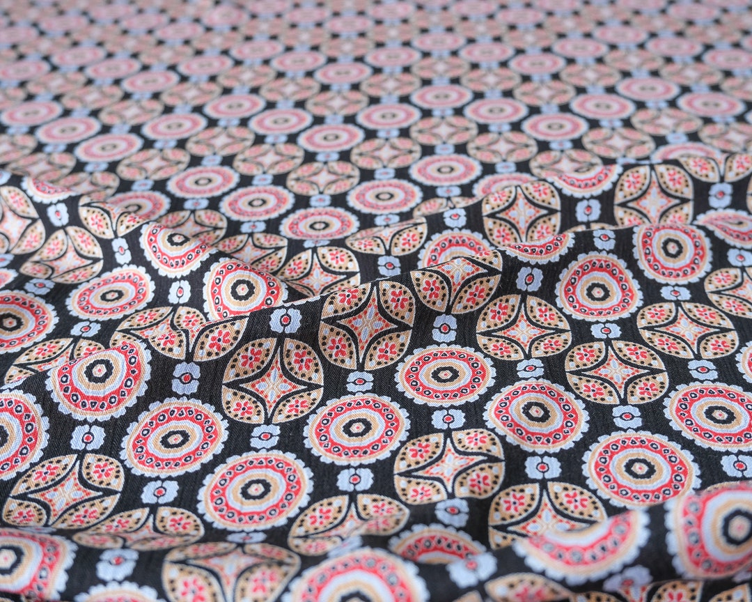 LAST 2.5 YARD - Black Boho Mosaic Rayon Crinkle Challis - Deadstock ...
