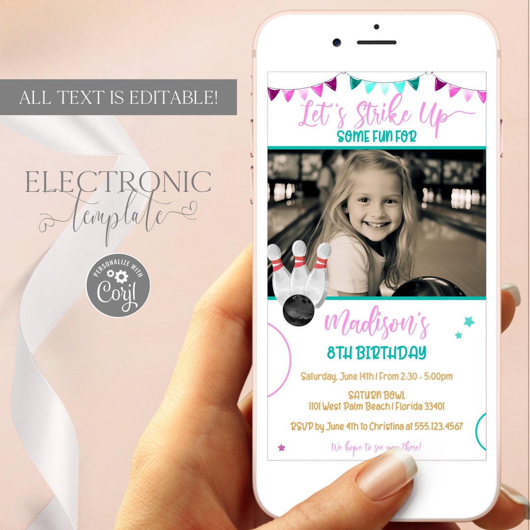 Bowling Birthday Invitation Girl by Text, Girl Bowling Party Evite, Let ...