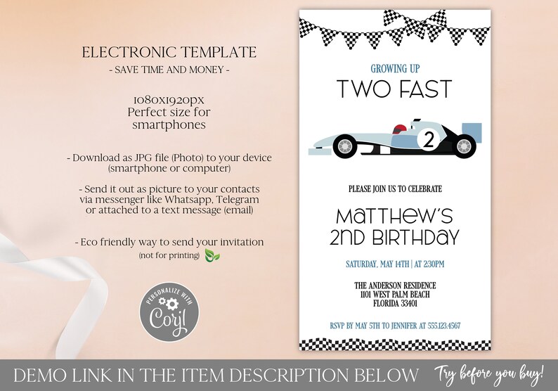 Two Fast Electronic Birthday Invitation Template Editable | Etsy