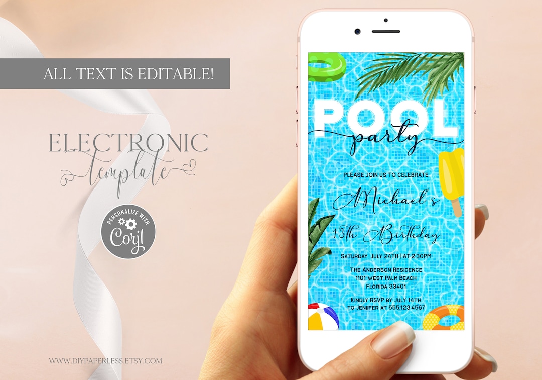 Pool Party Birthday Evite Invitation Template Editable Digital Download ...
