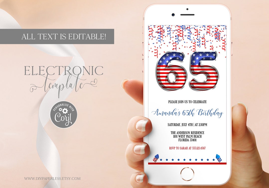 65th Patriotic Birthday Electronic Invitation Template Editable Digital ...