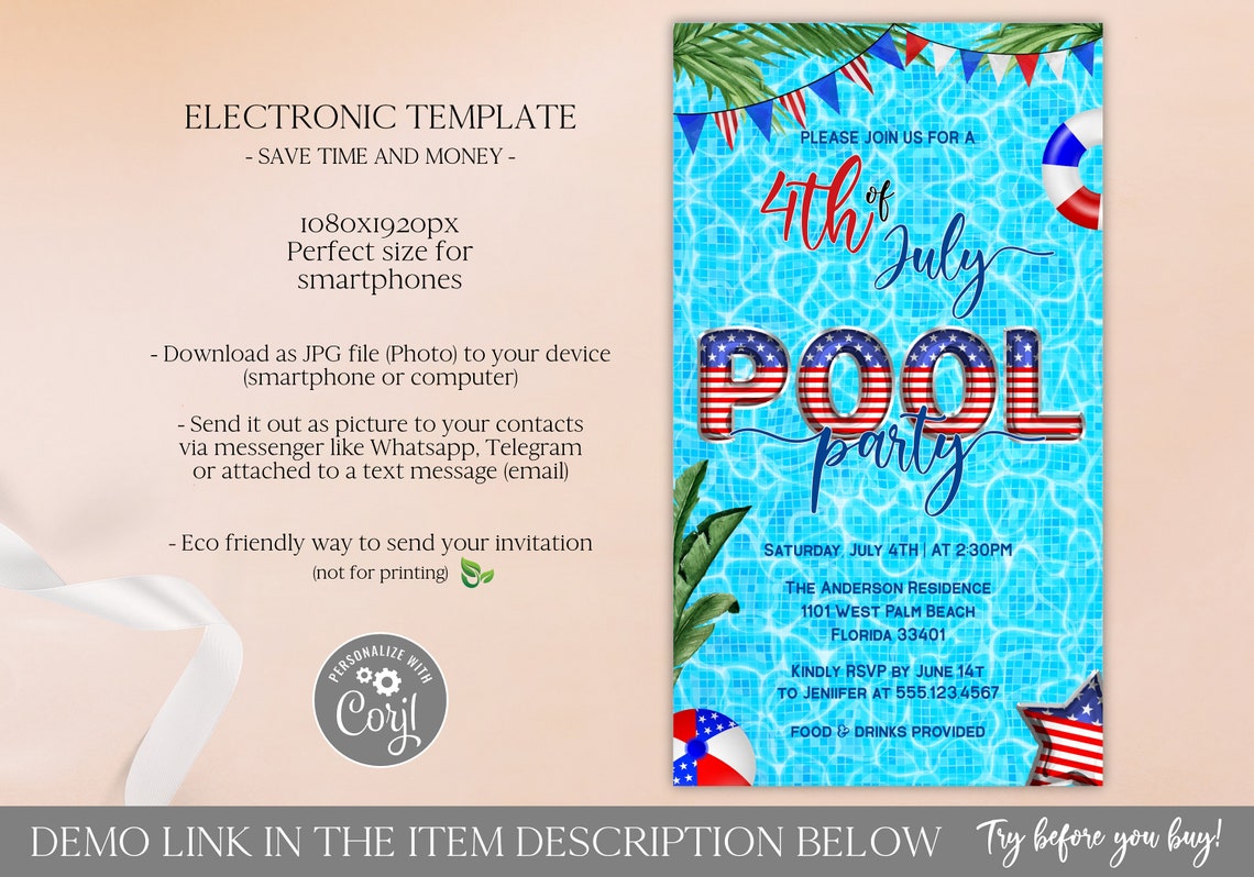 4th of July Pool Party Invitation by Text Fourth of July Pool - Etsy