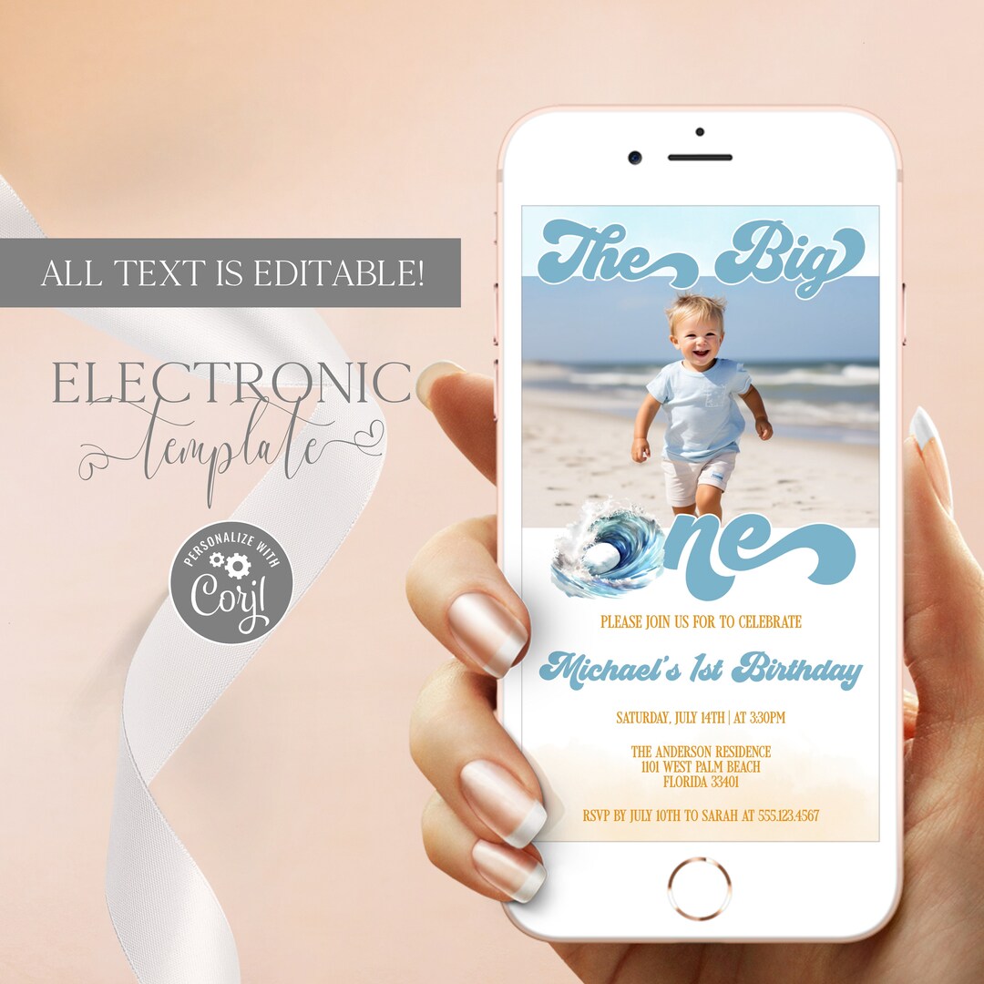 The Big One Photo Invitation by Text, Surf Wave 1st Birthday Evite Boy ...