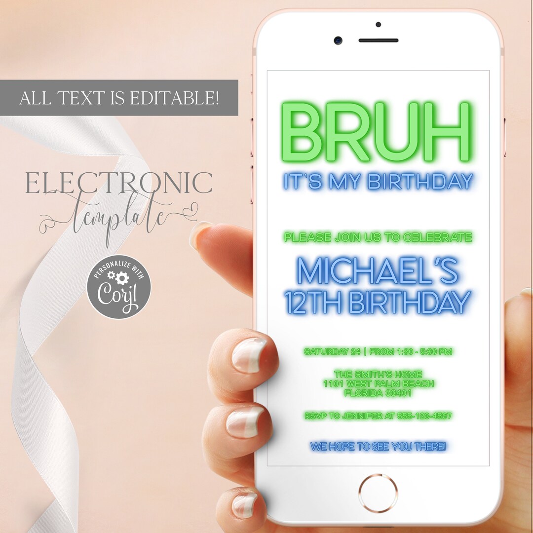 Bruh Neon Birthday Invitation by Text Neon Bruh Birthday - Etsy