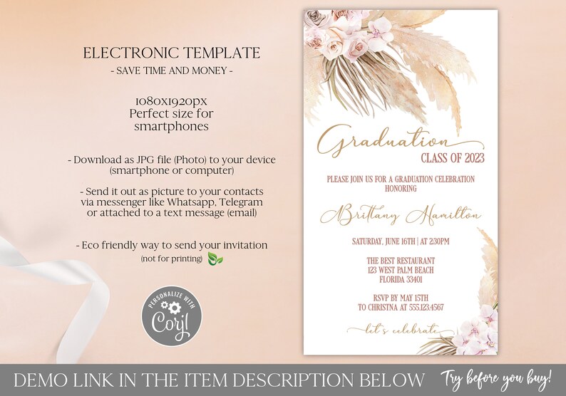 Boho Graduation Party Invitation by Text 2023 Pampas Grass - Etsy