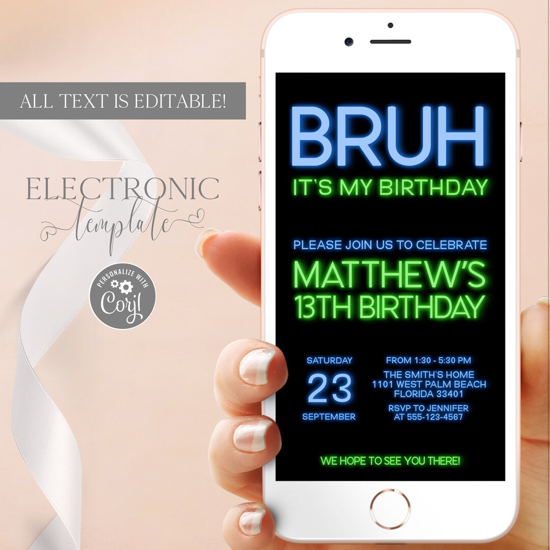 Bruh Birthday Invitation Neon by Text, Neon Bruh Birthday Evite ...