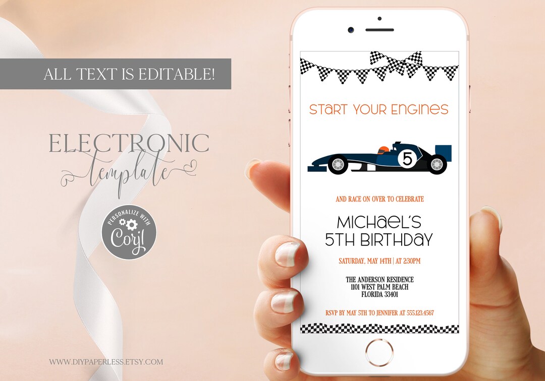 Race Car Electronic Birthday Invitation Template Editable Digital ...