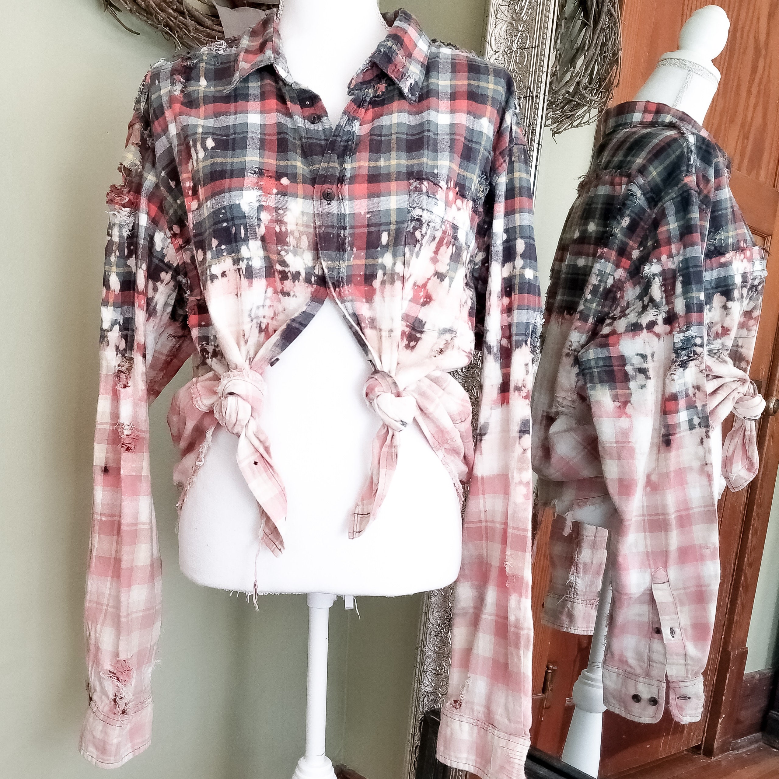 Distressed Flannel Shirt Bleached Hand Dyed Shirt Shredded Shirt ...