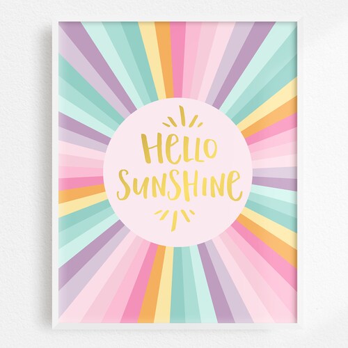 Rainbow Nursery Art Hello Sunshine Print Pink and Gold - Etsy