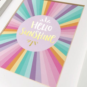 Rainbow Nursery Art, Hello Sunshine Print, Pink and Gold Nursery, Gold ...