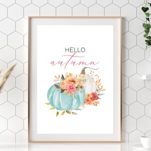 Fall Printable Wall Art, Pumpkin Watercolor Print, Hello Autumn Wall Art, Fall Table Decor ...