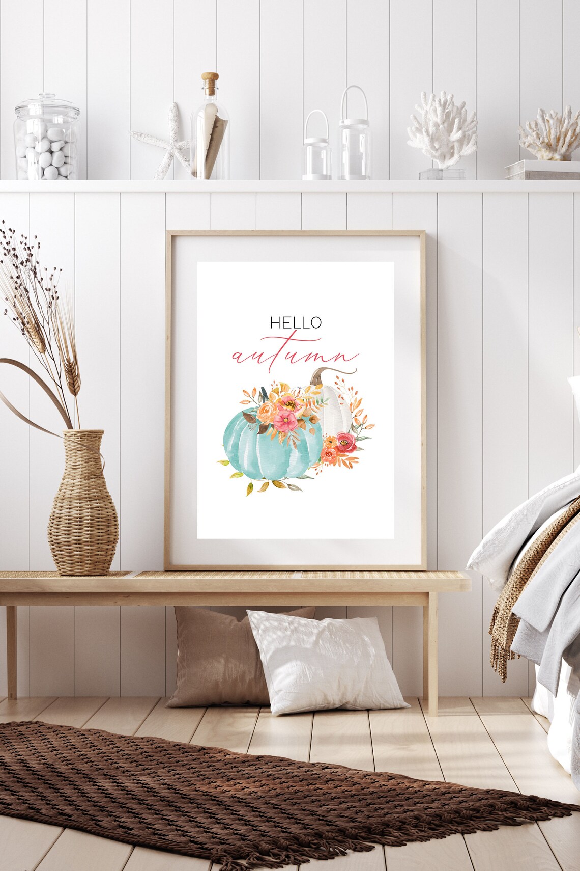 Fall Printable Wall Art, Pumpkin Watercolor Print, Hello Autumn Wall ...