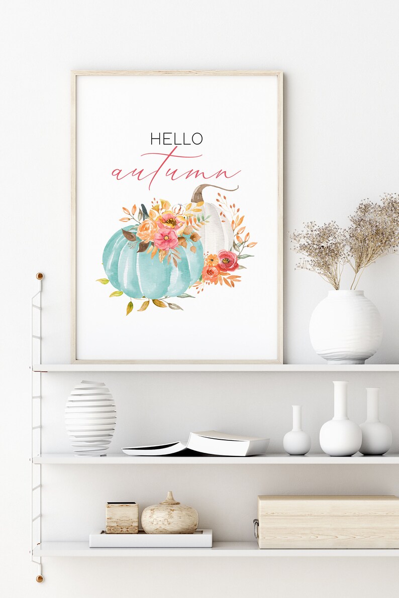 Fall Printable Wall Art, Pumpkin Watercolor Print, Hello Autumn Wall ...