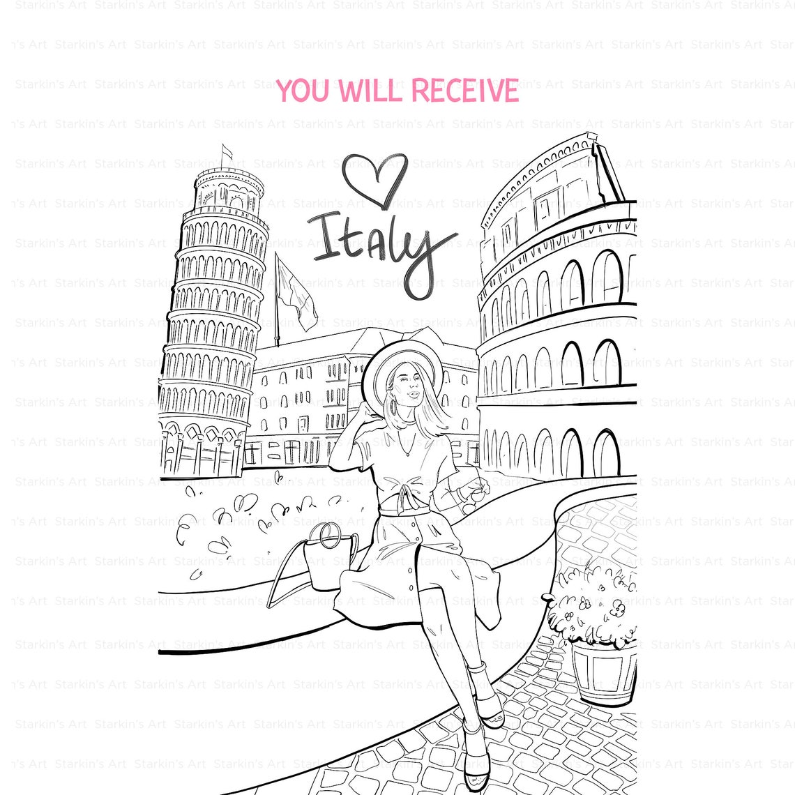 ITALY COLORING PAGE fashion Illustration Adult Coloring - Etsy