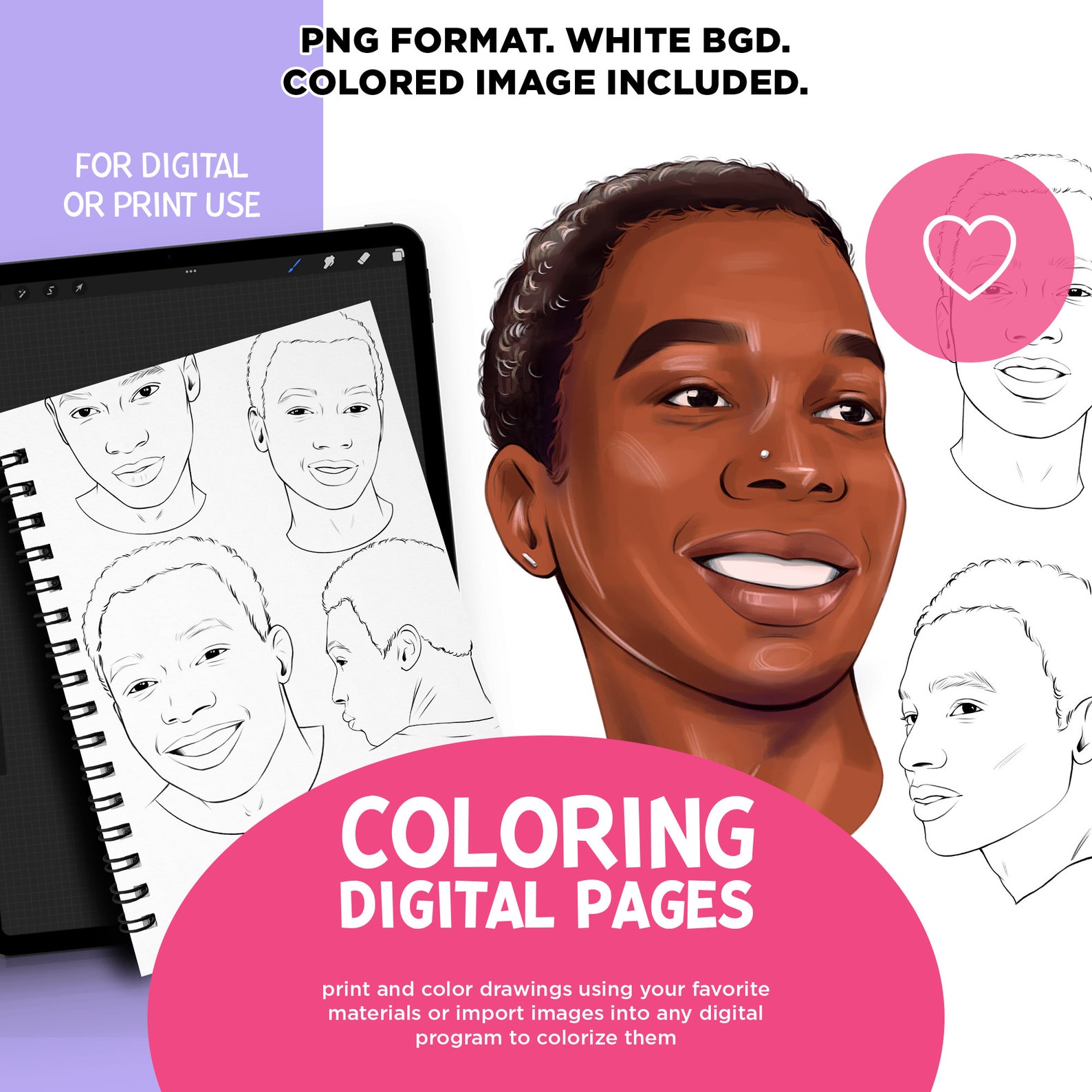 BLACK MALE FACES coloring Pages Coloring Books Adult - Etsy