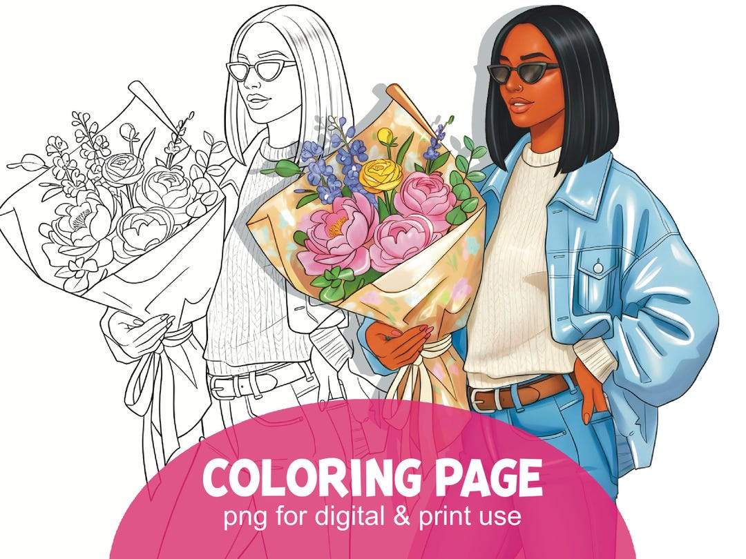 Fashion Coloring Page for Adults | Aesthetic Girl With Bouquet Line Art ...