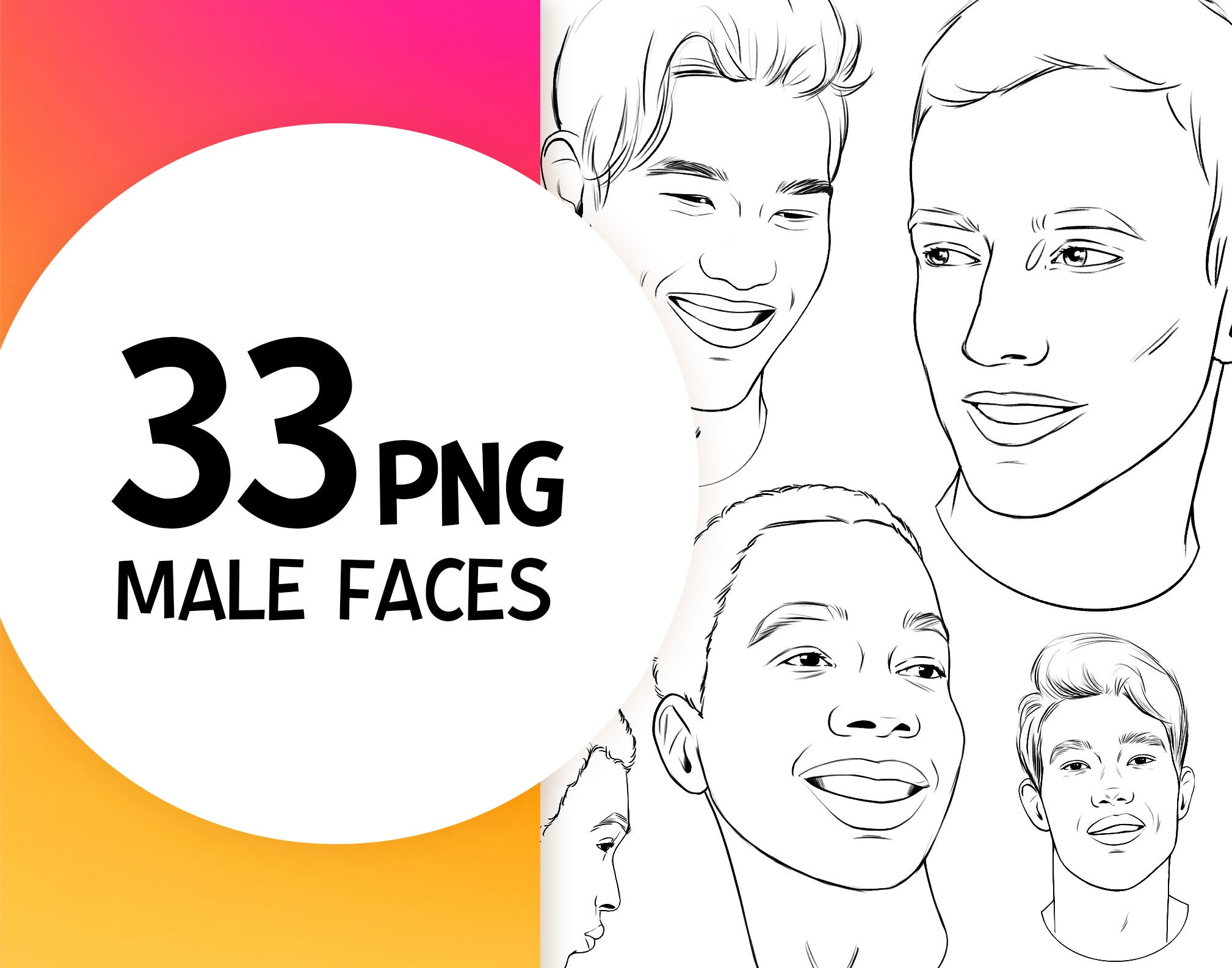 Male Face Templates PNG African American Men Asian Men | Etsy