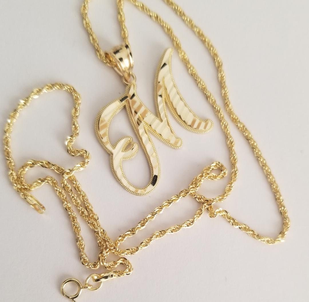 14k Real Solid Yellow Gold Initial M Diamond Cut Pendant - Etsy