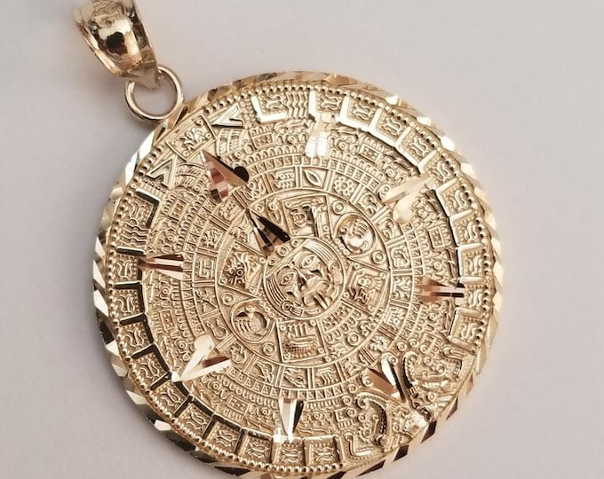 14k Solid Real Yellow Gold Diamond Cut Mexican Aztec Calendar ...