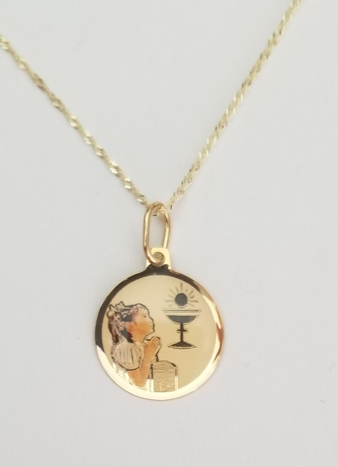 14k Real Solid Gold Baptism Pendant Girl Religious Enamel Charm Medalla ...