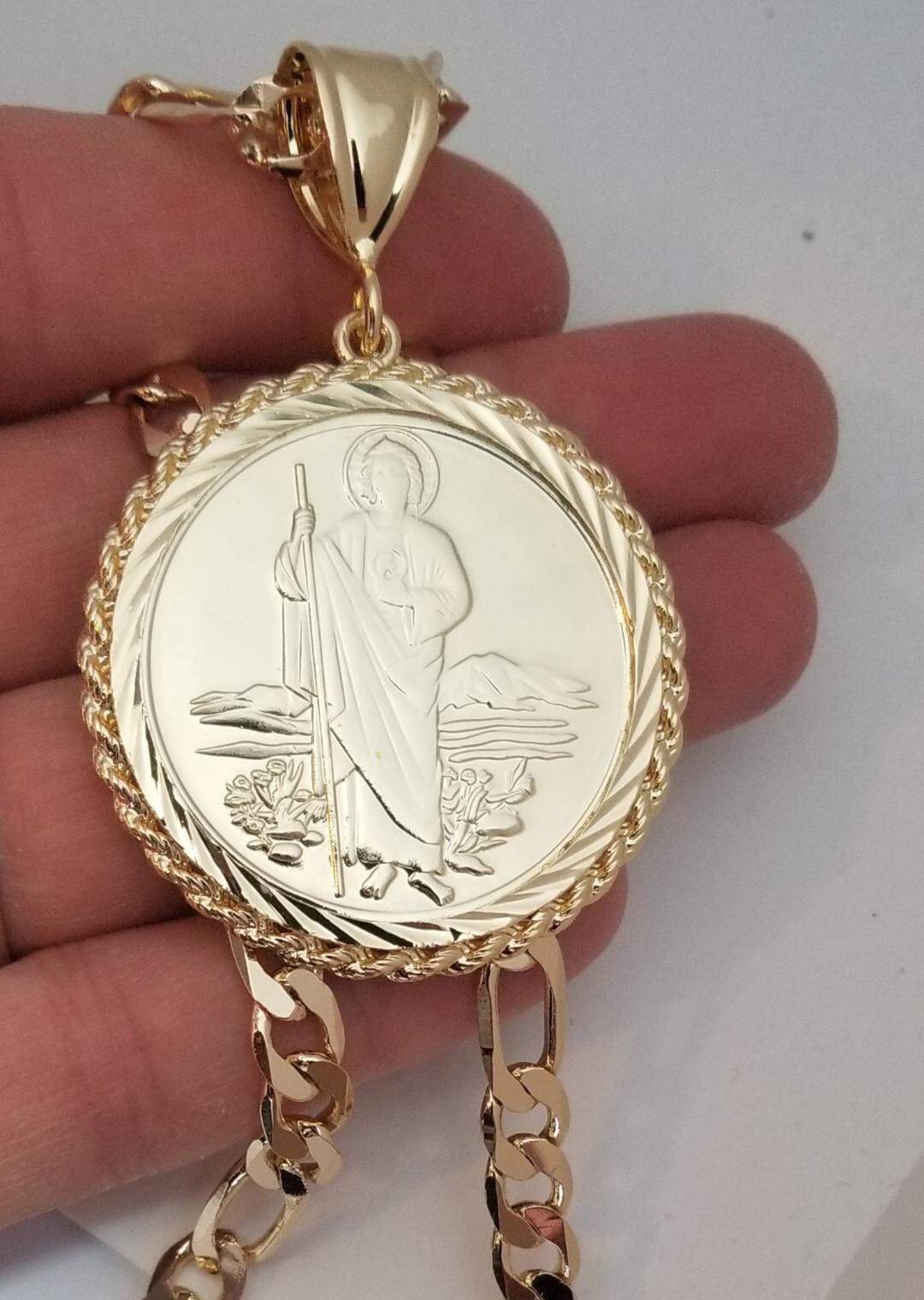 14k Gold Plated Coin San Judas Guadalupe Dos Lados Pendant With 24