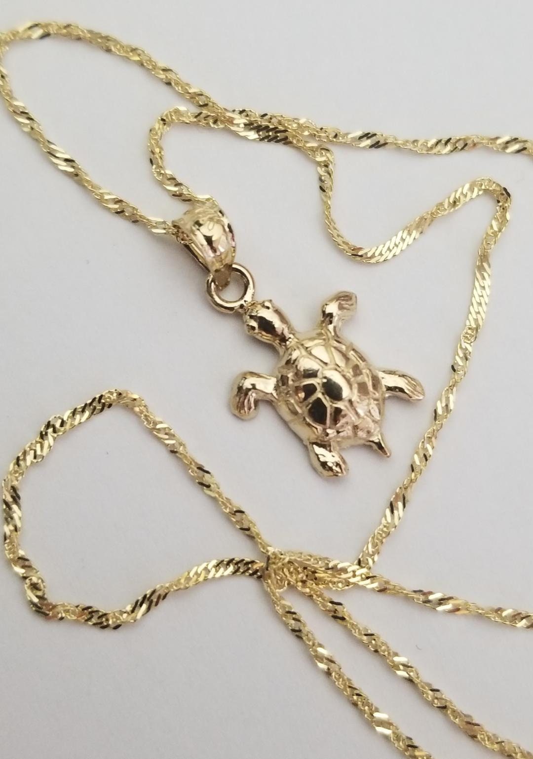 14K Solid Real Yellow Gold Diamond Cut Small Sea Turtle Tortoise Charm ...