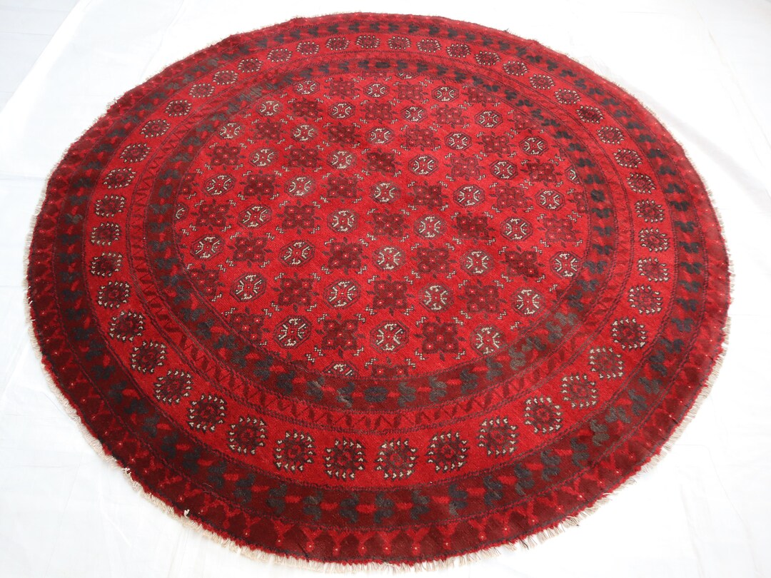Handmade Red Round Rug 6x6, Afghan Farmhouse Decor, Turkmen Tribal ...