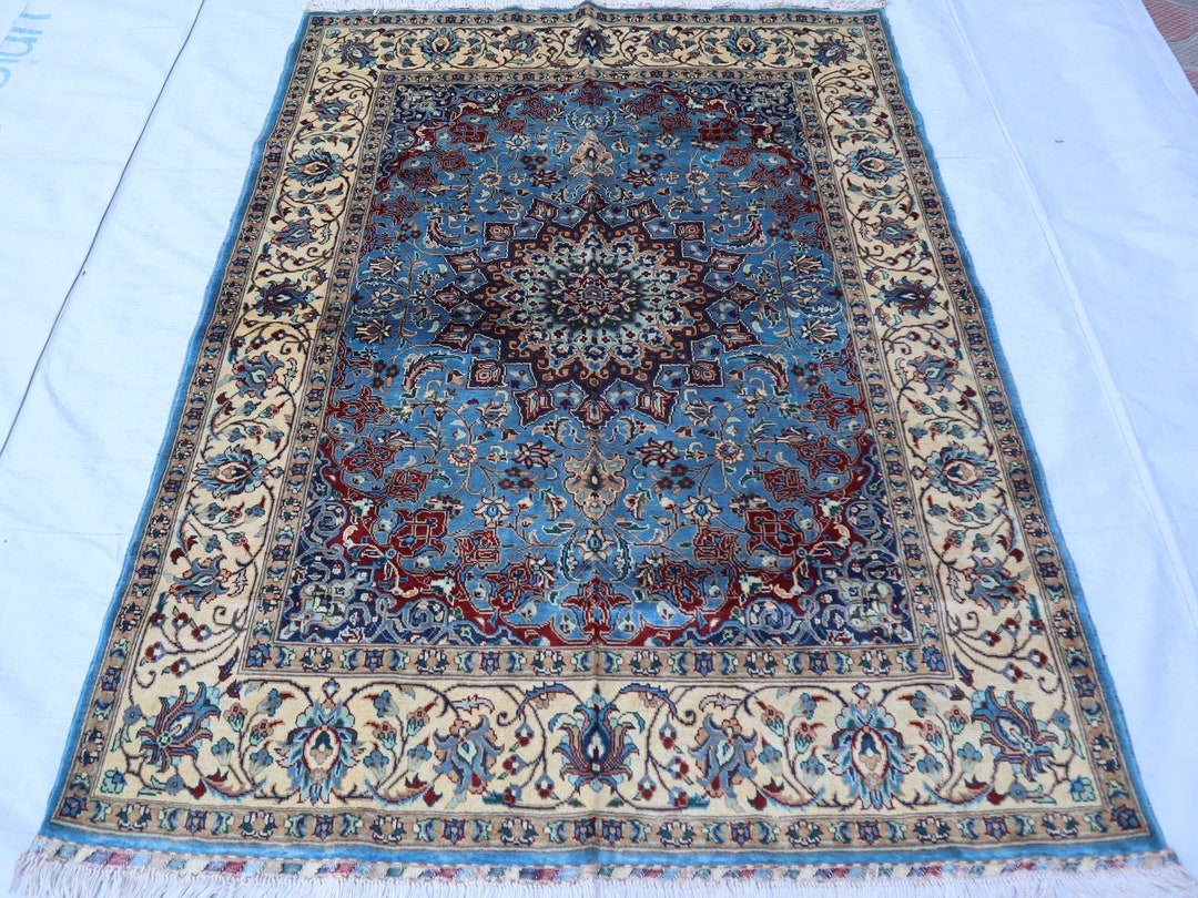 5x7 Turquoise Blue Flower Rug Fine Hand Knotted Veg Dye Medallion ...