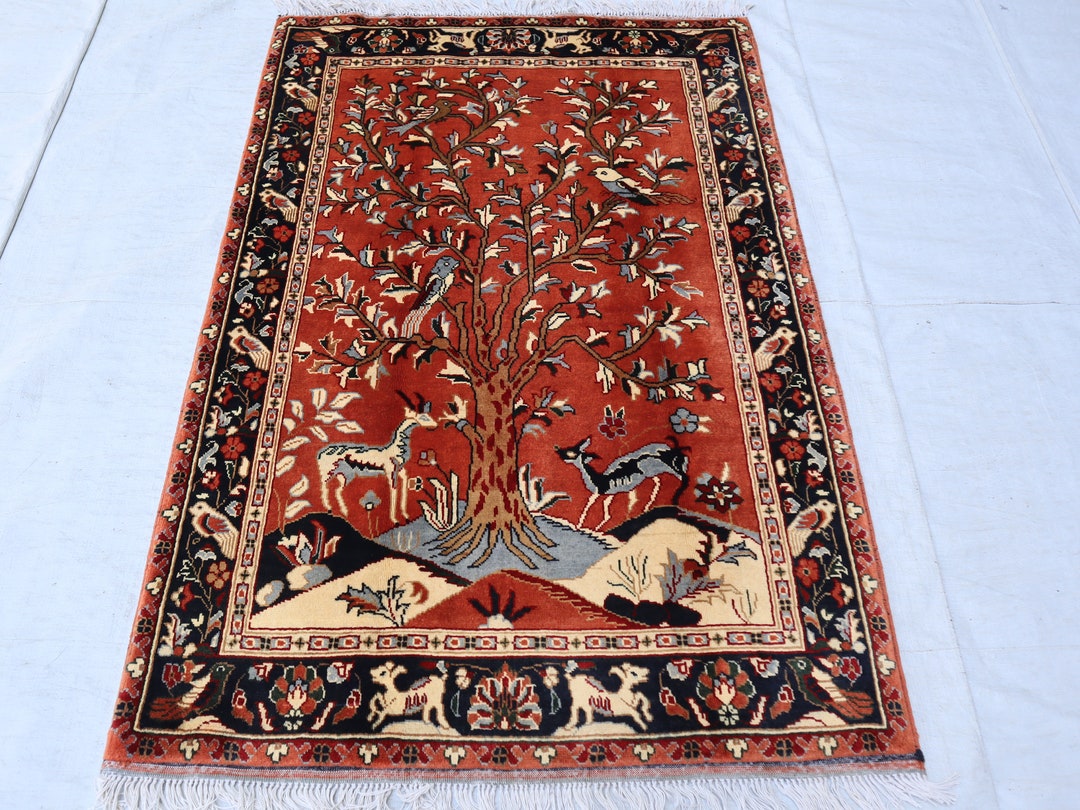 3x5 Orange Afghan Pictorial Rug, Tree of Life Rug, Handwoven Soft Pile ...