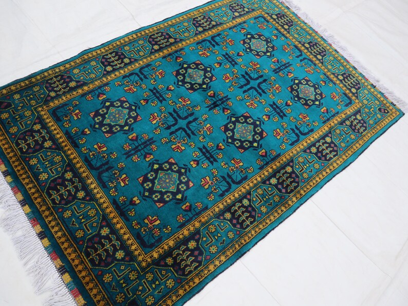 3x5 Bukhara Blue Rug, Afghan Handmade Carpet, Woven Rug, Soft Wool Rug ...