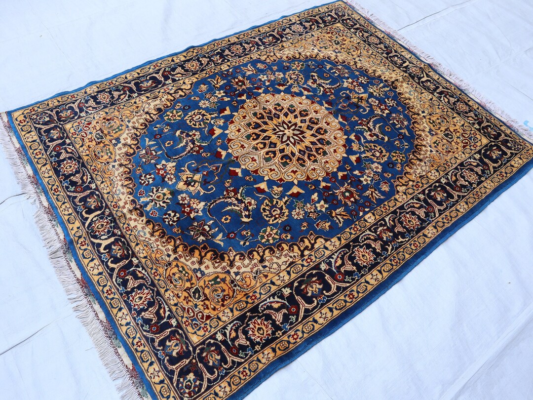Handmade Afghan Wool Rug, Blue Gold Medallion, 5x6 Flower Carpet - Etsy