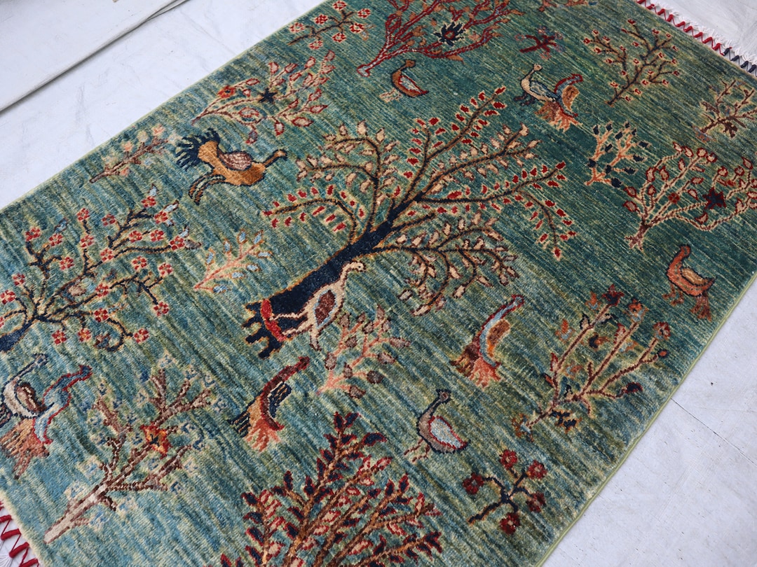 3x5 Green Afghan Pictorial Rug, Tree of Life Rug, Handwoven Soft Pile ...