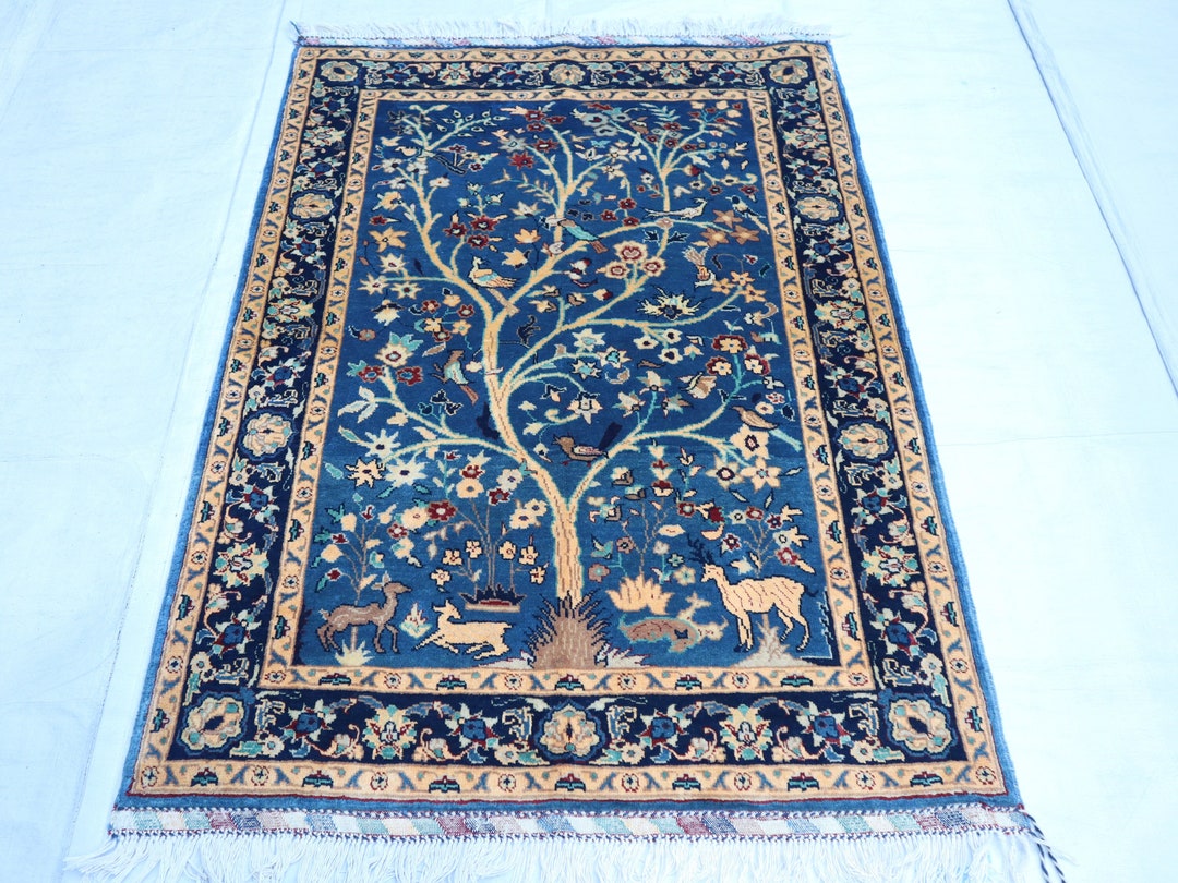 3x5 Ft Blue Tree of Life Forest Rug, Hand-knotted Afghan, Landscape ...