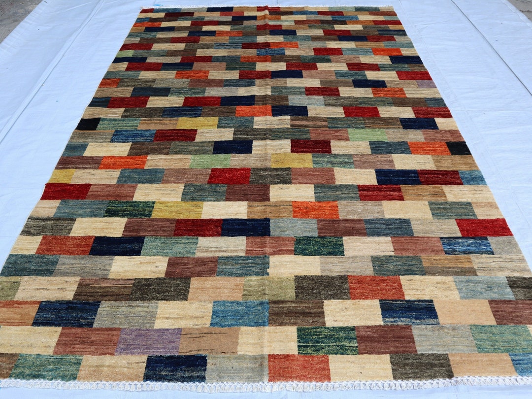 6x9 Checkered Rug - Gray Multicolor Box Gabbeh Afghan Hand Knotted Veg ...