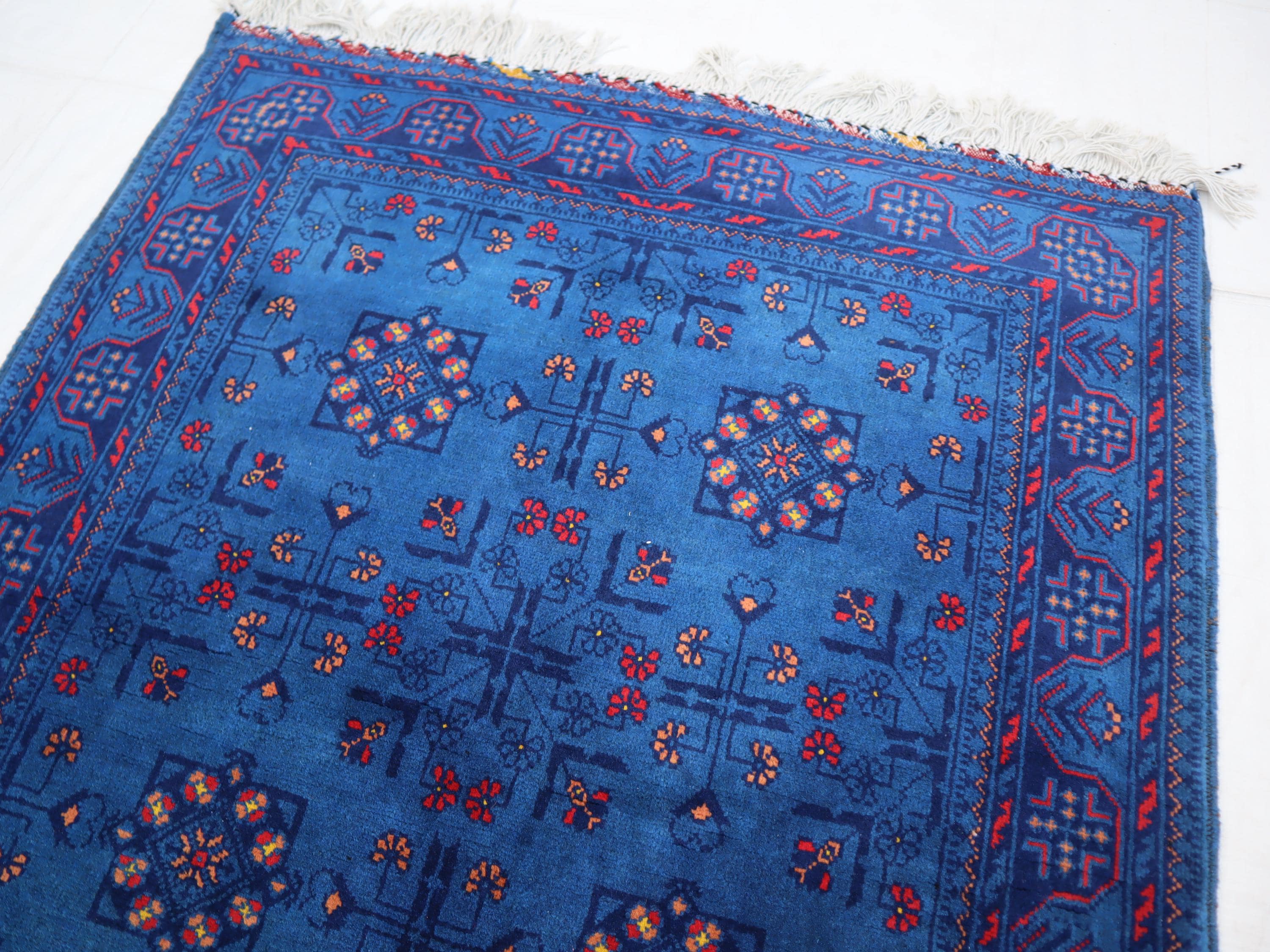 Cute Blue Afghan Rug, Hand Knotted Wool, Bukhara Design (3x5 Ft) Rugs ...