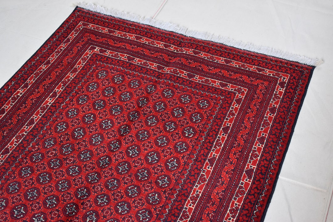 3x5 Afghan Turkmen Bukhara Rug, Red Tribal Handmade Wool Rug, Oriental ...