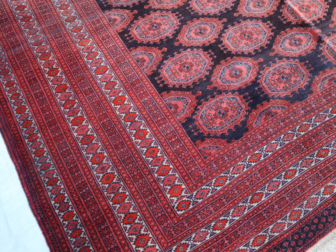 8x11 Antique Turkmen Sarouki Bukhara Rug, Rust Red Blue Vintage Afghan ...