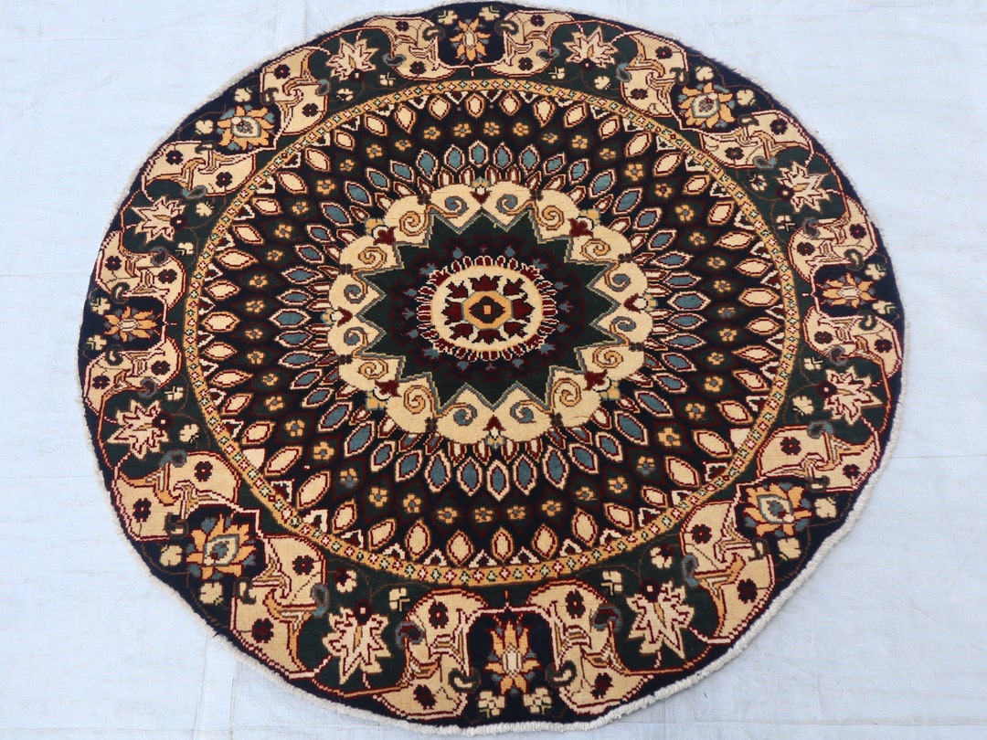 Handmade 3x3 Round Rug, Afghan Circle Rug, Beige Blue Rugs for Living ...