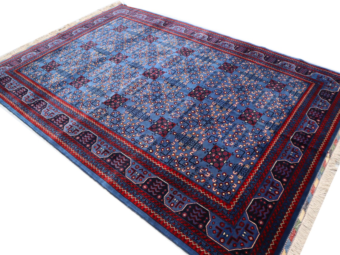 Blue Bukhara Turkman Rug 6x9, Top Quality Afghan Handmade Wool Rug ...