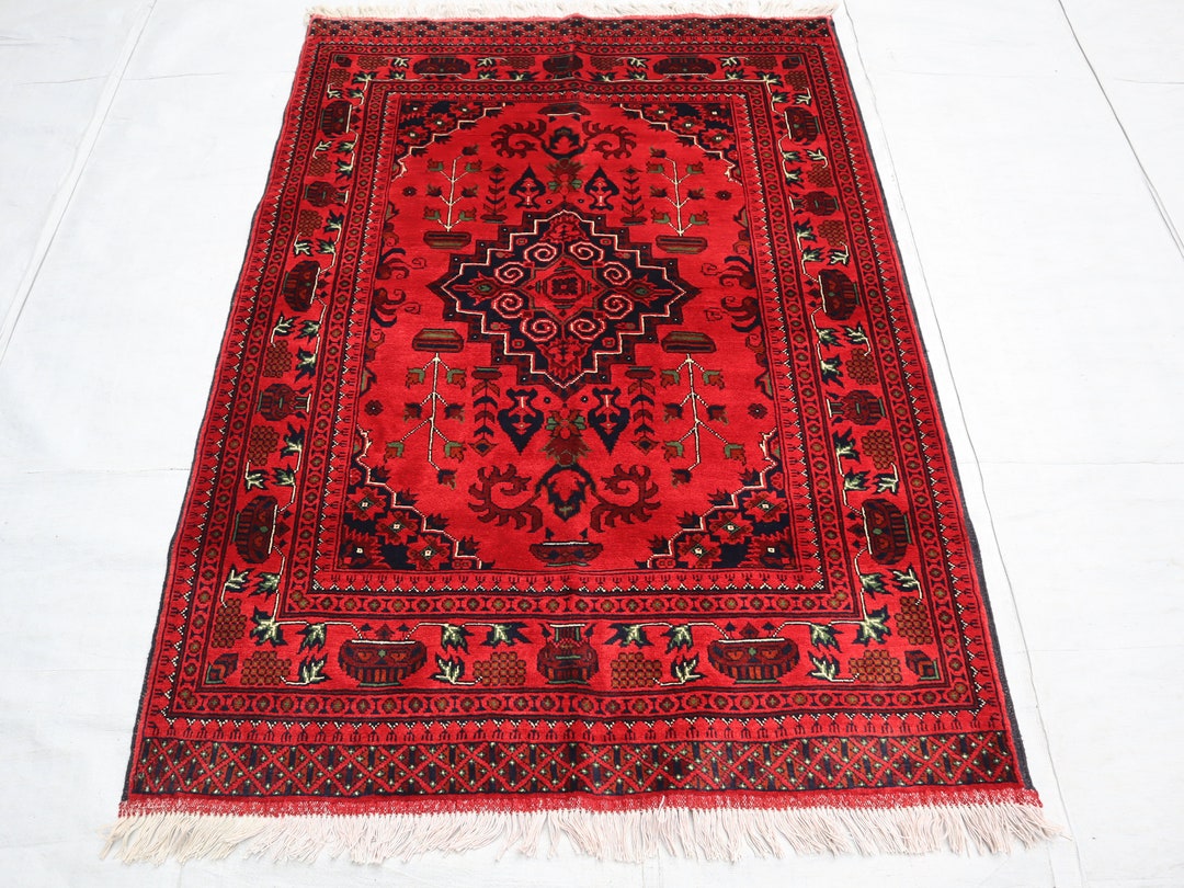 3x5 Handmade Small Wool Rug, Red Medallion Antique Accent Rug, Bedside ...